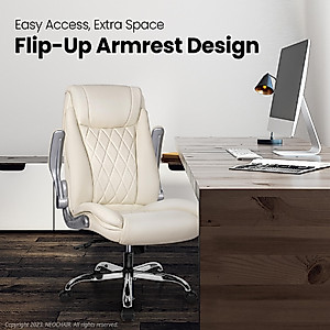 NEO CHAIR Office Chair Computer High Back Adjustable Flip-up Armrests Ergonomic Desk Chair Executive Diamond-Stitched PU Leather Swivel Task Chair with Armrests Lumbar Support (Ivory)