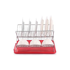 J&V TEXTILES Foldable Dish Drying Rack with Drainboard, Stainless Steel 2 Tier Dish Drainer Rack, Collapsible Dish Drainer, Folding Dish Rack for Kitchen Sink, Countertop, Cutlery, Plates (Red)