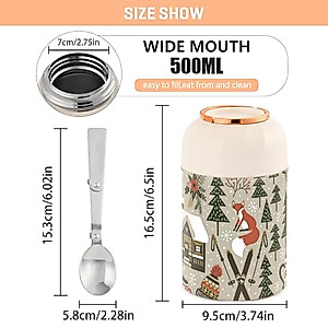 JUNZAN Cute Xmas Winter Fox Bird Kids Womens Insulated Food Jar Container with Spoon 17oz/500ml Food Containers For Hot Food Stainless Steel Vacuum Food Warmer Insulated Containers for Hot/Cold Food