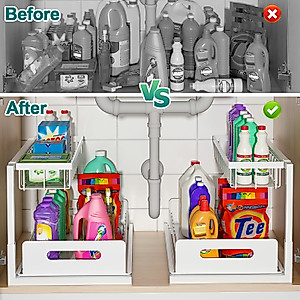 bukfen Under Sink Organizer, Pull Out Home Organizers 2-Tier Slide Out Sliding Shelf Under Cabinet Storage Multi-Use for Under Kitchen Bathroom Sink Organizers and Storage,White,2 Pack