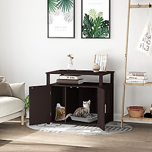 PawHut Wooden Cat Litter Box Enclosure Furniture with Adjustable Partition, Cat Washroom End Table with Open Shelf, Brown