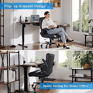 NEWBULIG Ergonomic PU Leather Desk Mid Back Computer Flip Up Armrests Height Adjustable Executive Office Lumbar Support Swivel Task Chair, 20" D x 20" W x 43" H, Black