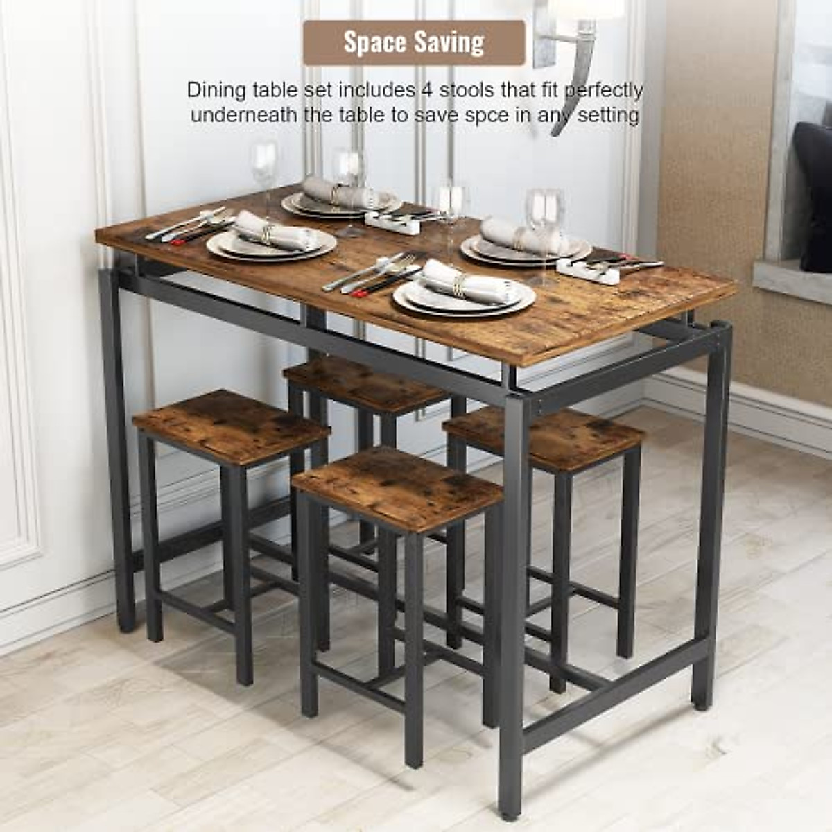 AWQM Bar Table and Chairs Set,Industrial Dining Table Set for 4,Small Kitchen Table Wood Pub Bar Table Set,Dining Room Table Set for Small Space, Breakfast Nook,Living Room,Walnut