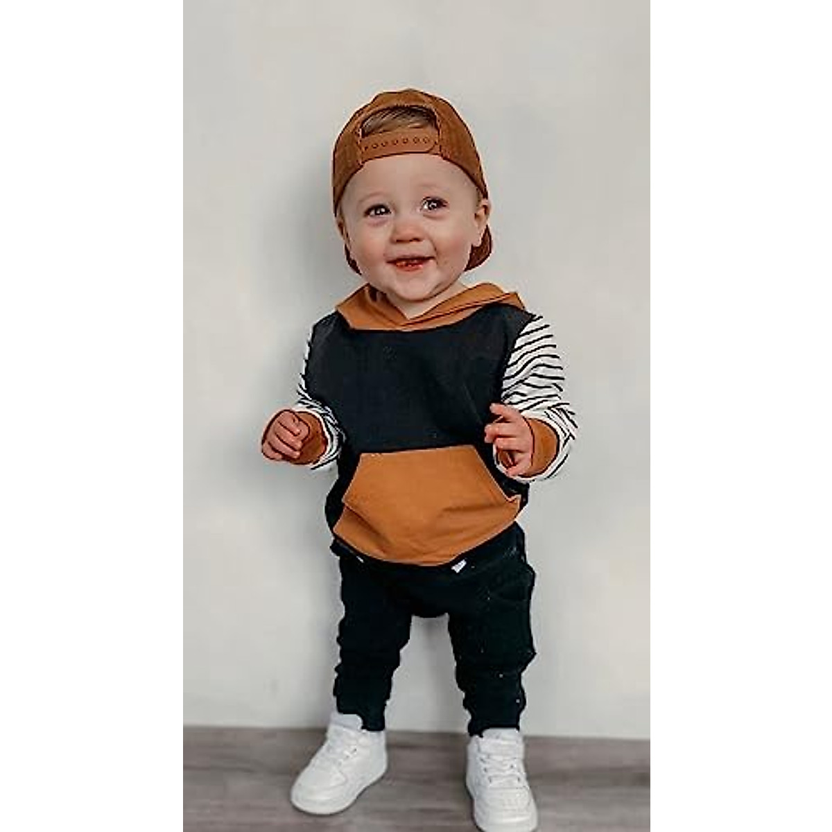 Hoanselay Toddler Baby Boy Color Block Sweatsuit Clothes Long Sleeve Hoodie Sweatshirt Top and Pants Fall Winter Outfit Set (Black, 18-24 Months)