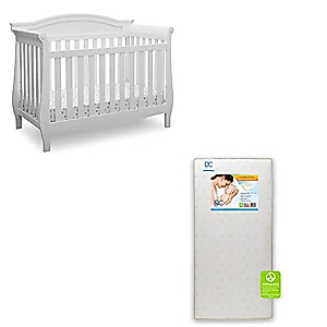 Delta Children Lancaster 4-in-1 Convertible Baby Crib & Twinkle Stars Waterproof Fiber Core Crib and Toddler Mattress, Bianca White