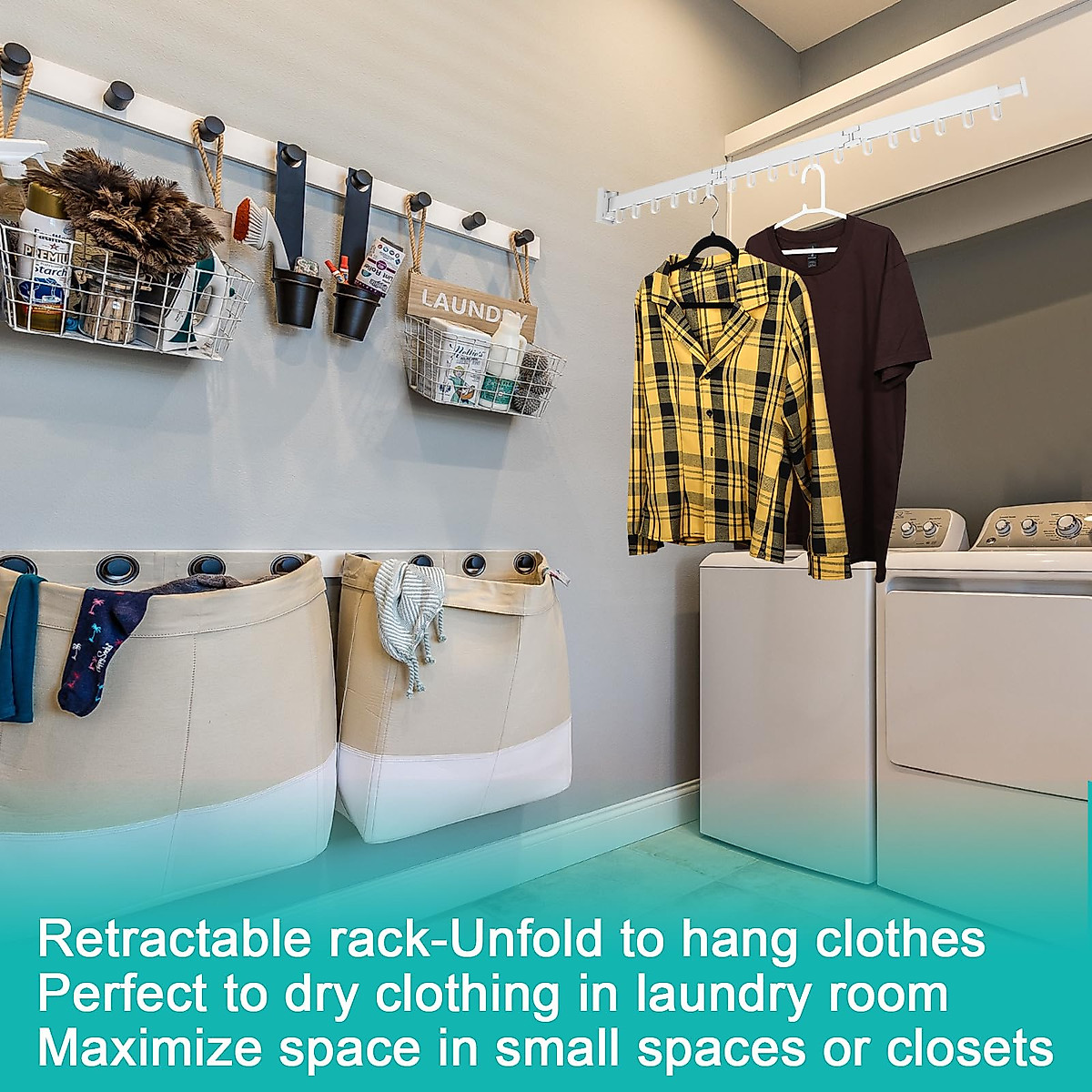 Layhit 2 Pcs Wall Mounted Laundry Room Rack Clothes Drying Rack Over The Door Pants Hanger Retractable Collapsible Rental House Clothing Dryer Rack, White Windproof Ring Hooks, 3 Fold