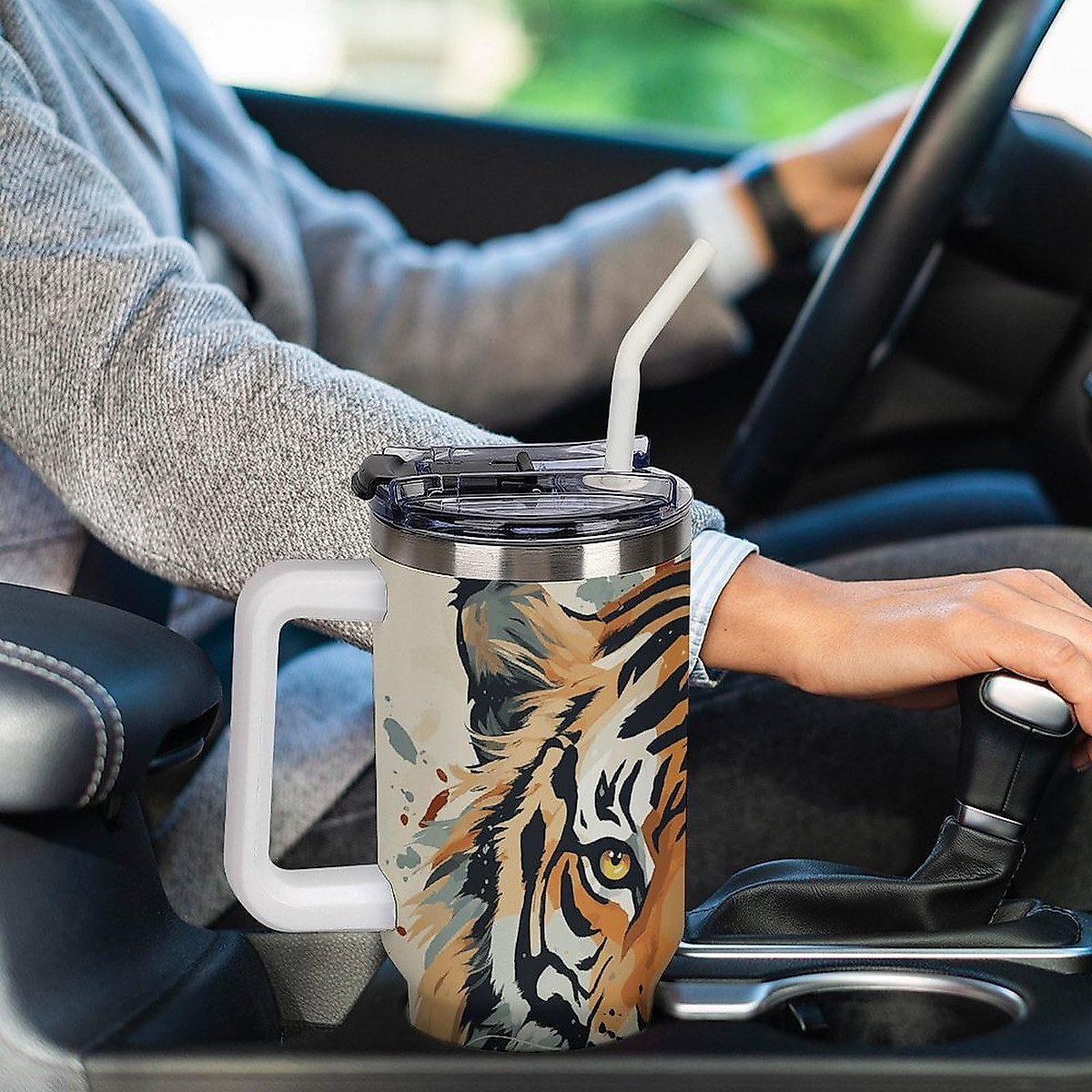 MNVTSKOP 40 Oz Tumbler With Handle And Straw White Year of The Tiger Tiger Face Printed Stainless Steel Car Cup Coffee Mug Leak Proof Insulated Water Bottle for Travel Camping Gym