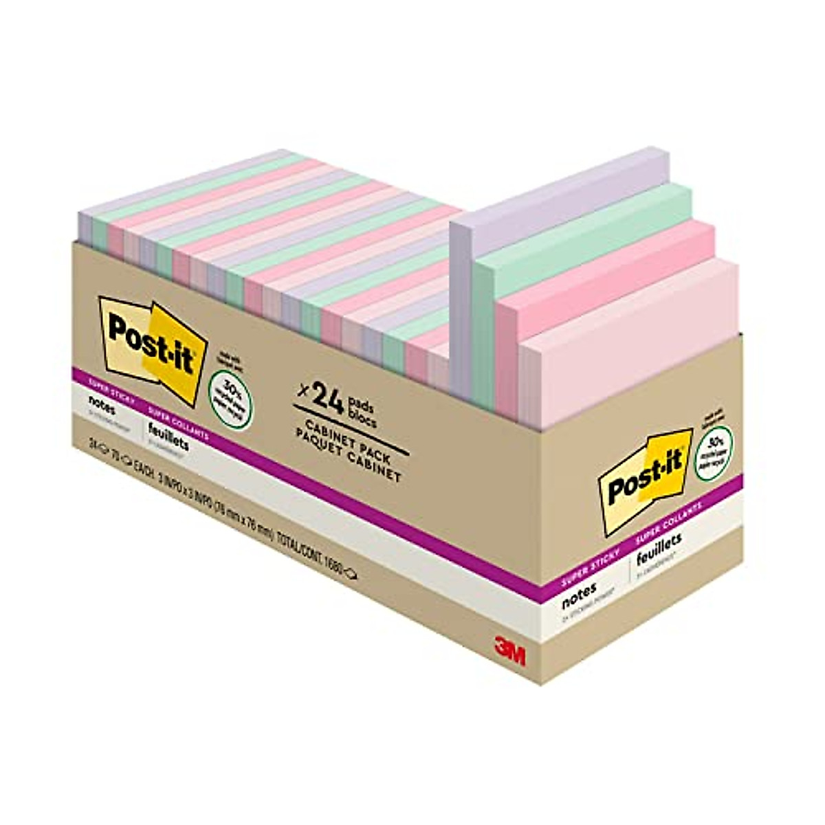 Post-it Super Sticky Recycled Notes, 3x3 in, 24 Pads, 2x the Sticking Power, Wanderlust Collection, Pastel Colors, 30% Recycled Paper (654-24NH-CP)