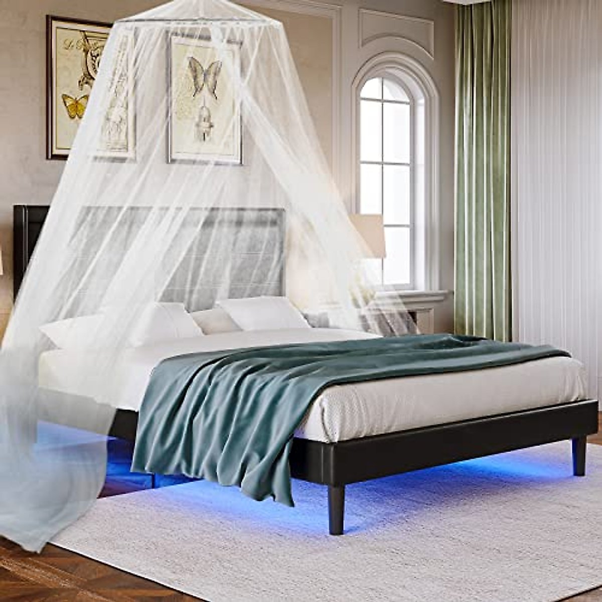 Arisaniasion Queen Size Bed Frame with LED Light Square Stitched Adjustable Headboard Strong Bed, Remote Control Control LED Lights, No Box Spring Needed, Noise Free, Easy Assembly (Black)