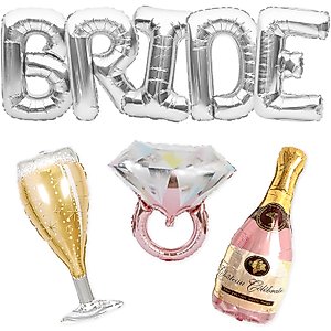 40 inch Bride Balloons Silver Letters Banner - Bachelorette Party Decorations Kit - Bach Party Supplies and Favors with Ring Balloon, Bottle Balloon and Glass Balloon