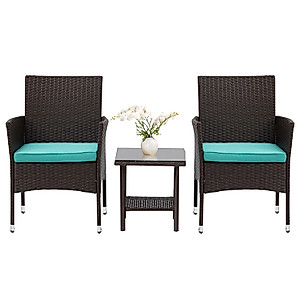 PayLessHere Set of 3 Outdoor Furniture Set Patio Furniture Set Brown Conversation Set with 2 Rattan Chairs Glass Coffee Table for Coffee Bar Poolside Patio Outdoor, Blue Cushions