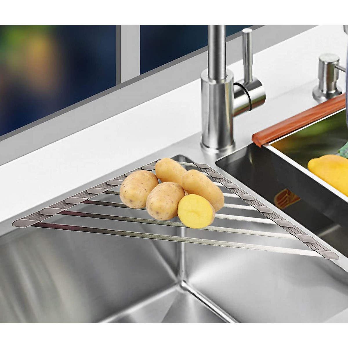 Ahyuan Corner Sink Dish Drainer Over The Sink Dish Drying Rack Corner Dish Rack SUS304 Cubic Stainless Still Kitchen Sponge Holder Corner Sink Sponge Caddy Dish Rack (Gray)