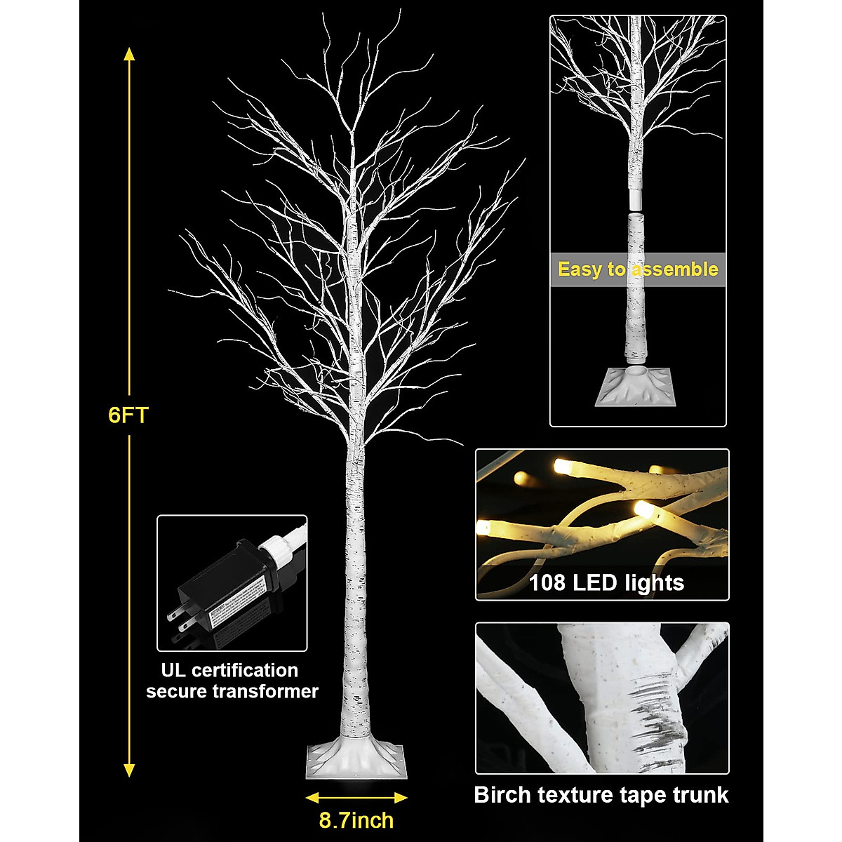CUJGT Lighted Tree, 6 Ft 128 Led Birch Tree with Fairy Lights for Decoration Inside Outside, Birch Tree with Led Lights for Christmas Halloween Holiday Wedding Home Room Decor