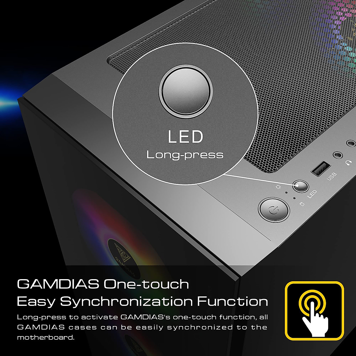 Gamdias RGB Gaming ATX Mid Tower Computer PC Case with Side Tempered Glass Panel and a Magnetic Dust Filter & 3 Built-in 120mm ARGB Fans