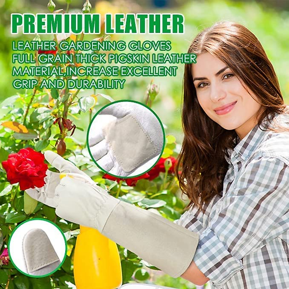 AIGEVTURE Rose Pruning Gloves Long Sleeve Thorn Proof,Rose Gardening Gloves for Men Women Long Gauntlet,Grain Cowhide Leather Green(Medium)