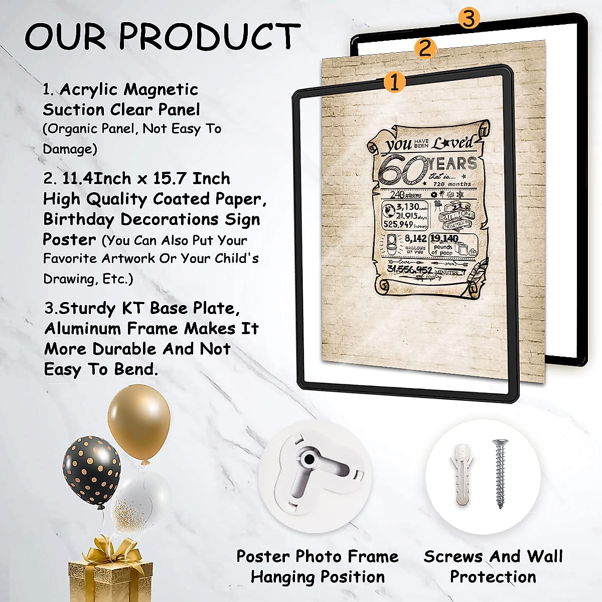 Framed Black 60th Birthday Decorations 60th Birthday Guest Book Alternative 12”x16”, 60 Years Old Birthday Party Supplies Guest Signature Poster, Funny 60 Birthday Gifts for Women Men(60th, Retro)