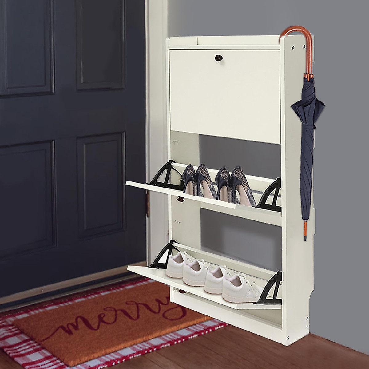 Acesunny Hidden Shoe Cabinet,Fold-Out Standing Shoes Storage Shelf Free Organizer with 3 Flip Drawers Shoe Cabinet Modern Entryway Shoe Storage for Hallway Narrow Slim Hidden Shoe Cabinet