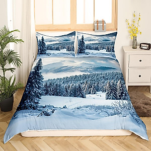 Castle Fairy Snow Mountain Bedding Set,3D Cedar Printed Duvet Cover for Kids Teen Boys Girls,Snow Scene Comforter Cover Decorative Room,Winter Nature Quilt Cover with 2 Pillowcases,King Size