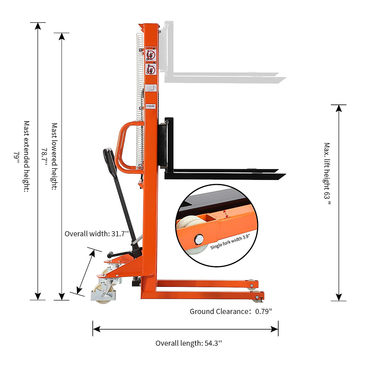 Tory Carrier Manual Forklift Pallet Stakcer 1100lbs Capacity 63" Lift Height with Adjustable Forks and Fixed Legs Hand Tools