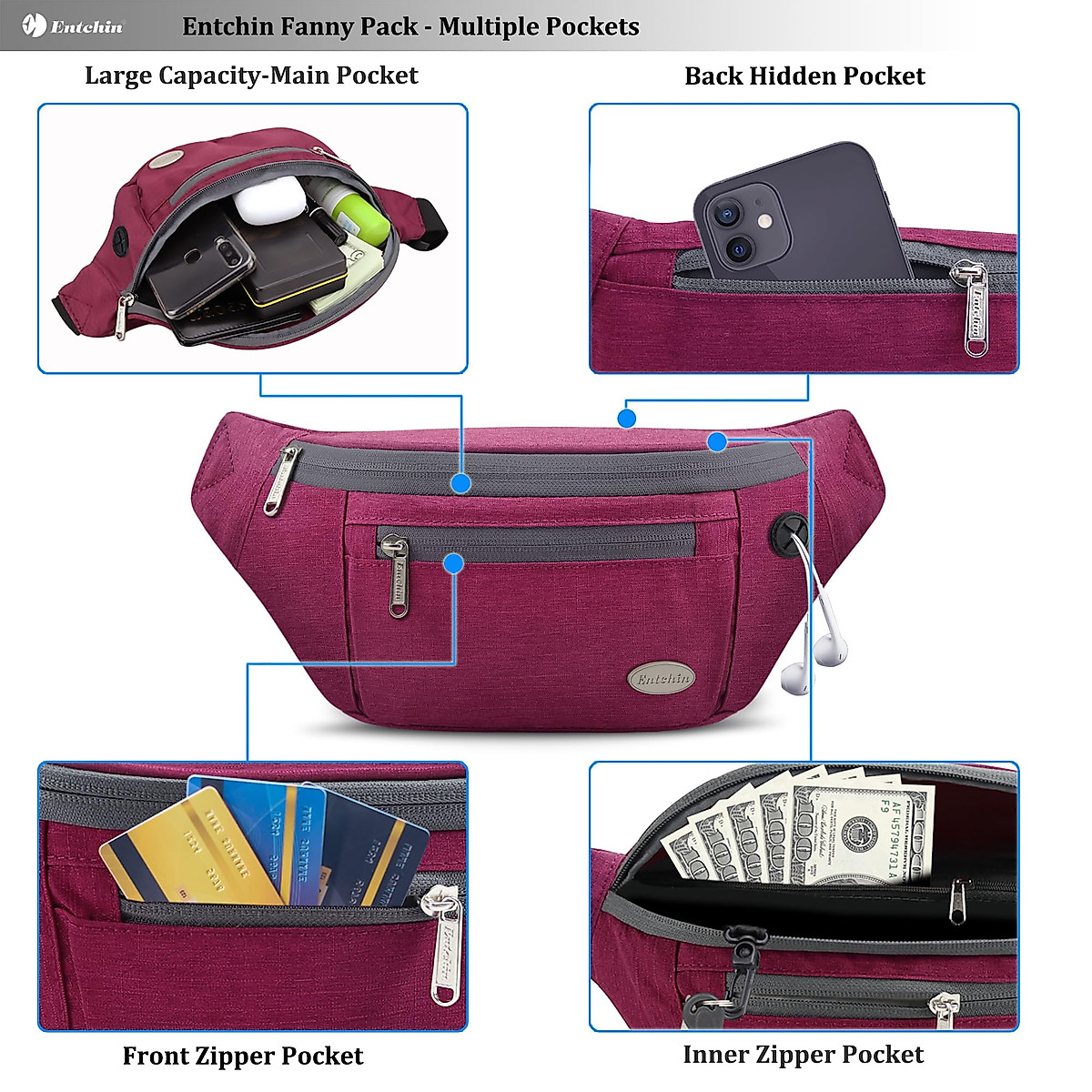 Entchin Fanny Pack for Women Men with 4-Zipper Pockets, premium fashion Waist Pack Crossbody Bum Bags for Hiking, Running, Travel, Cycling and Casual(Burgundy)