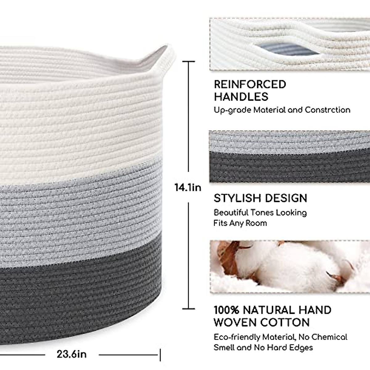 MXMHOME Extra Large Blanket Basket - Blanket Basket Living Room, Woven Baskets for Storage, Kids Toy Basket, Soft Throw Blanket Storage Basket, Rope Baskets for Organizing(23.6”x 23.6”x 14.1”)