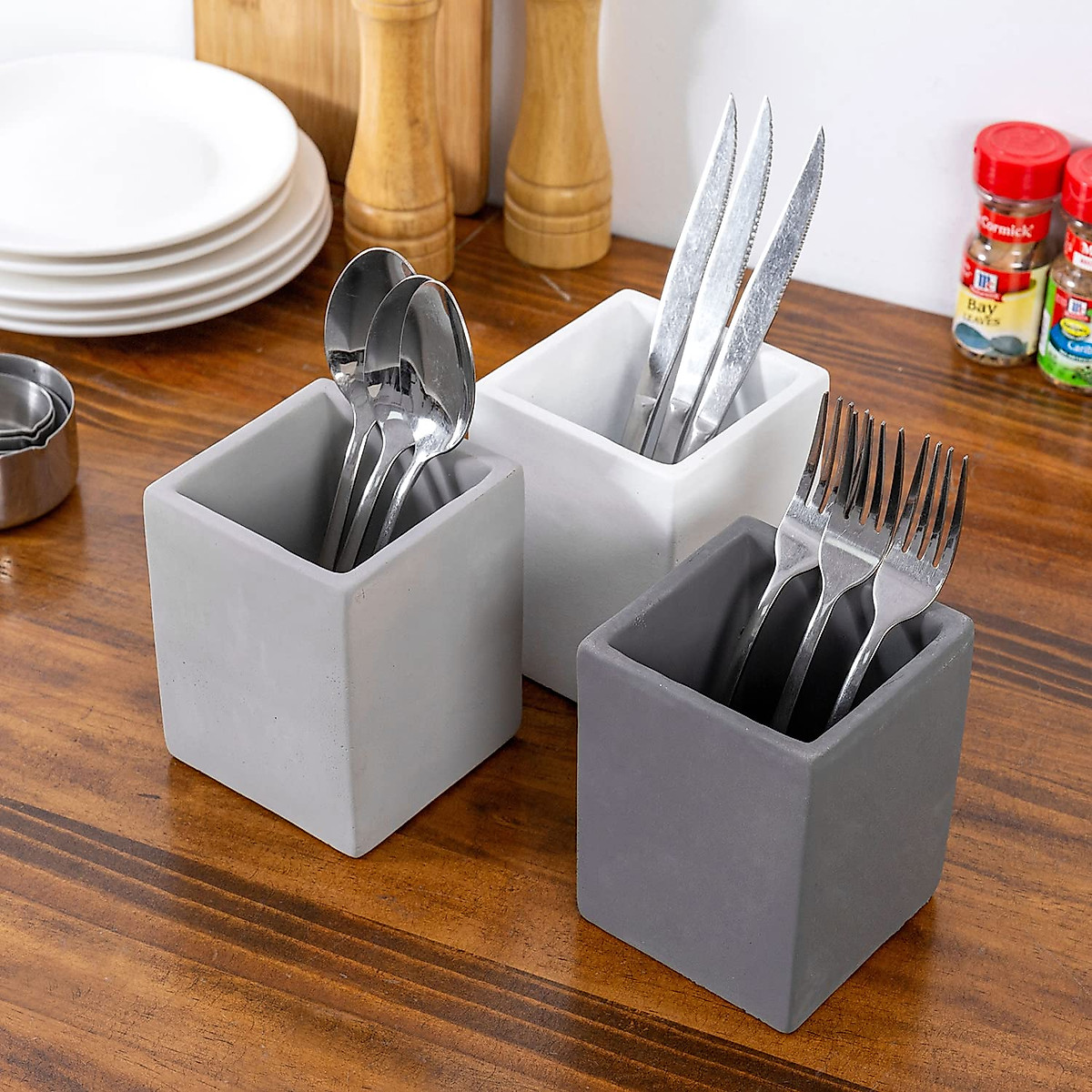 MyGift Deluxe Modern Gray Monochrome Concrete Kitchen Dining Utensil Holders - Cooking Tools and Accessories Storage Organizer Crocks, Set of 3