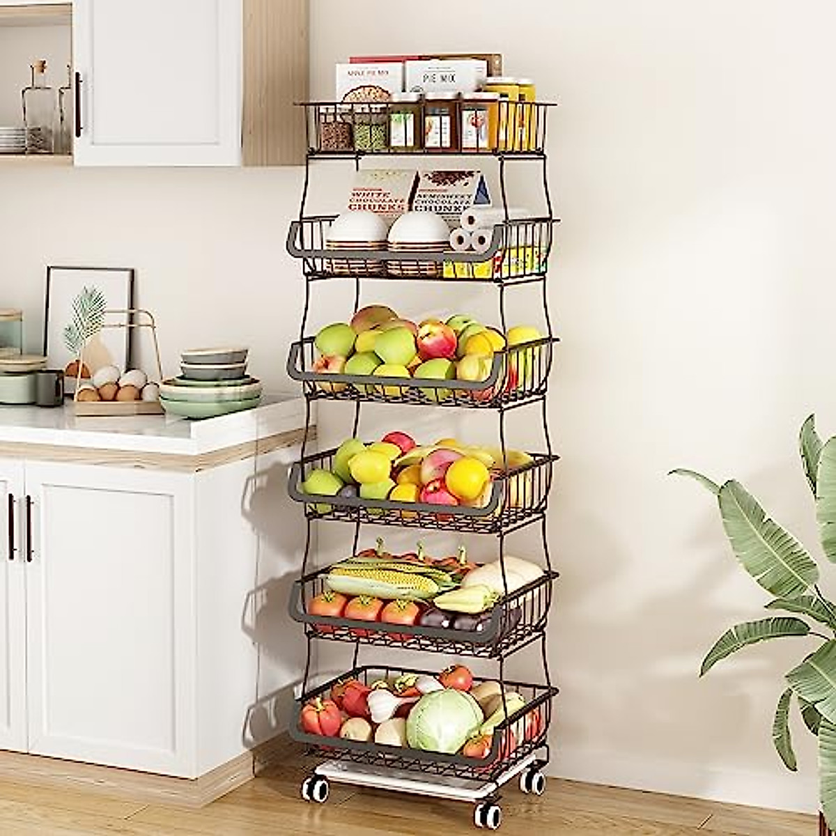 Wisdom Star 6 Tier Fruit Vegetable Basket, Wire Storage Basket Organizer Utility Cart with Wheels, Vegetable Basket Bins for Onions and Potatoes, Fruit Vegetable Storage Cart for Kitchen, Black