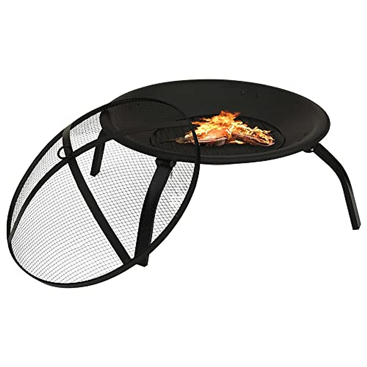 2-in-1 Fire Pit and BBQ,22" Wood Burning Firepit,Three-Legged Folding Steel Brazier,Outdoor Stove Bowl with Spark Screen Cover,Cooking Grid and Fire Poker, for Outside Camping Patio Garden-Black2