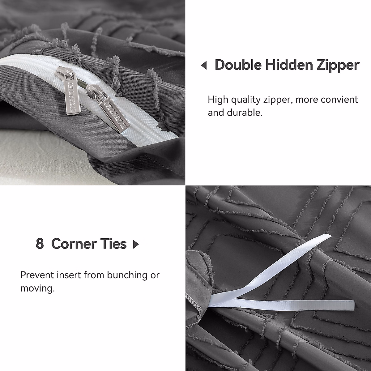 JELLYMONI Dark Grey Duvet Cover Twin Size - 3 PCS Microfiber Tufted Duvet Cover Set, Boho Textured Duvet Cover Jacquard Rhombus Geometric Pattern Duvet Cover with Corner Ties & Zipper Closure