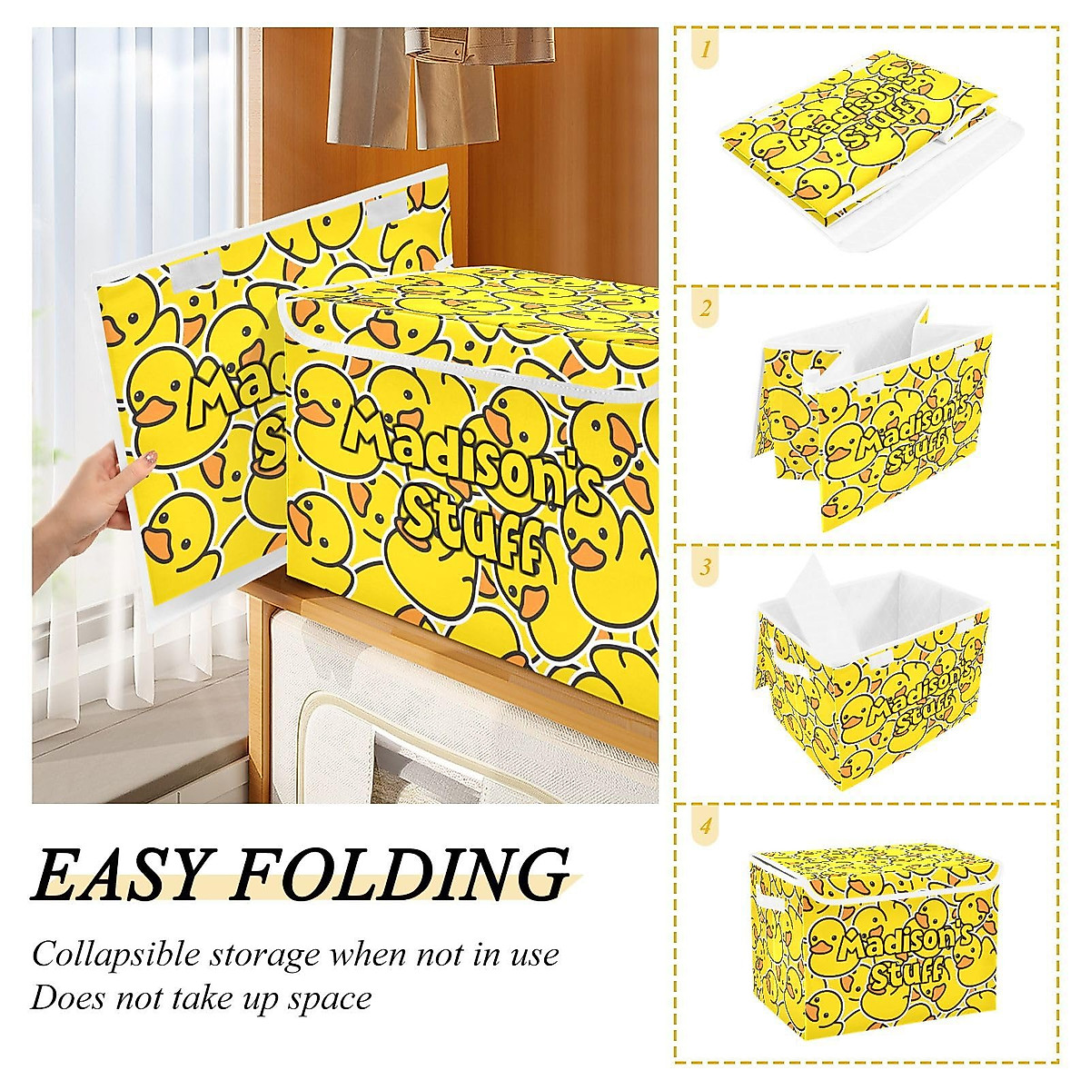 Sinestour Rubber Duck Custom Storage Bins with Lid Foldable Personalized Storage Basket Box with Handle Shelf Basket Closet Organizer for Bedroom Office Toy