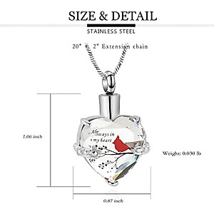 Yinplsmemory Cremation Jewelry Red Cardinal Urn Necklace for Ashes for Women Always in My Heart Urn Locket Pendant Memorial Jewelry