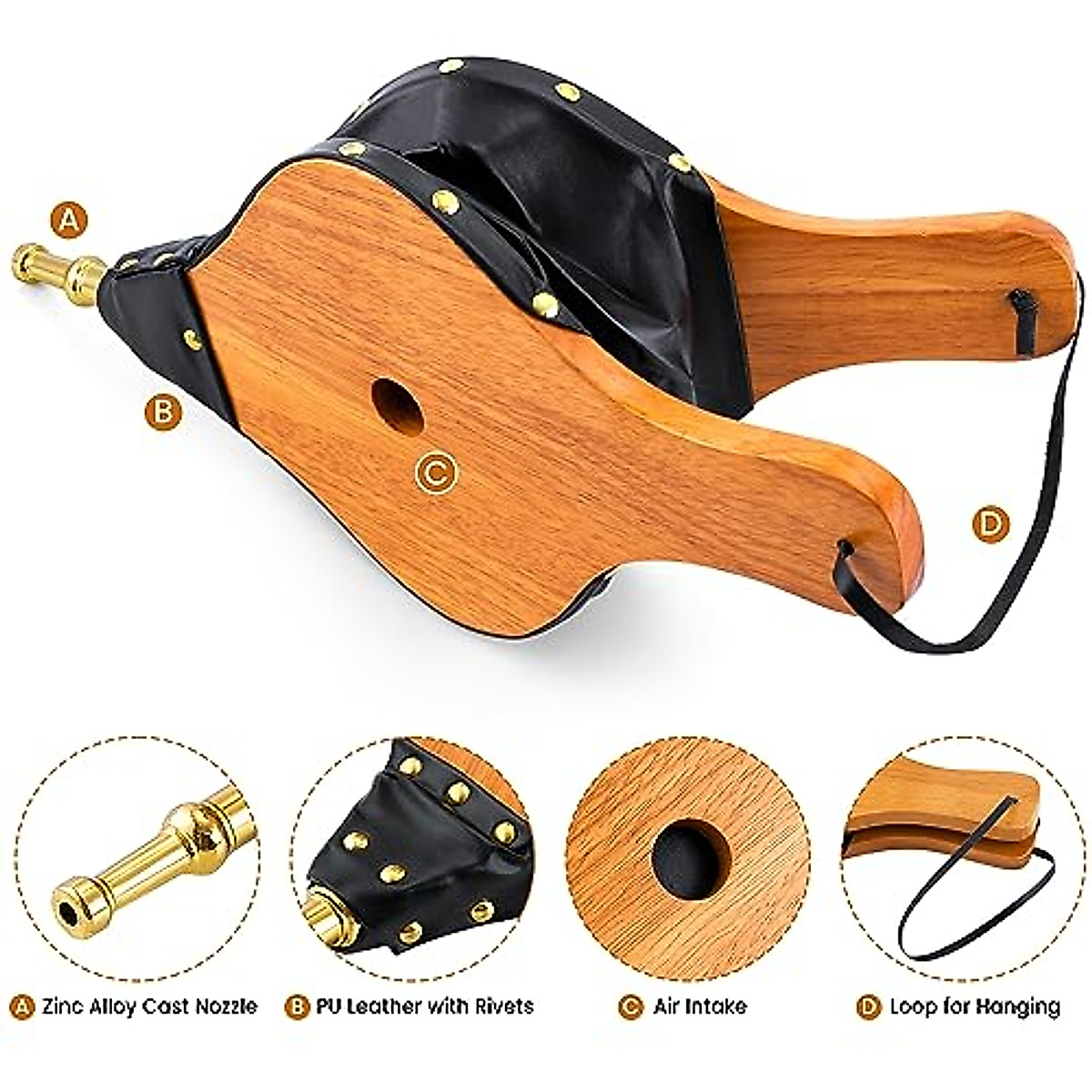 Amagabeli Fireplace Bellows 17"x 7.5" Air Blower Cast Nozzle for Outdoor Camping BBQ Grill Chimney Hand Bellow Pump Pit Barbeque Fire Tools Accessories ( Wooden Color)