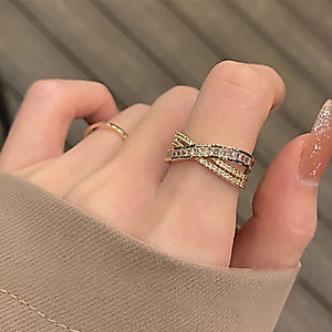 Moeva Twisty Ionic Ring, Cheap Rings for Women, Gold Plated Rings Women, Double Row Open Twist Knot Ring, Adjustable Zirconium Diamonds Open Ring, Womens Rings Size 7, Cross Ring Gold (Silver)