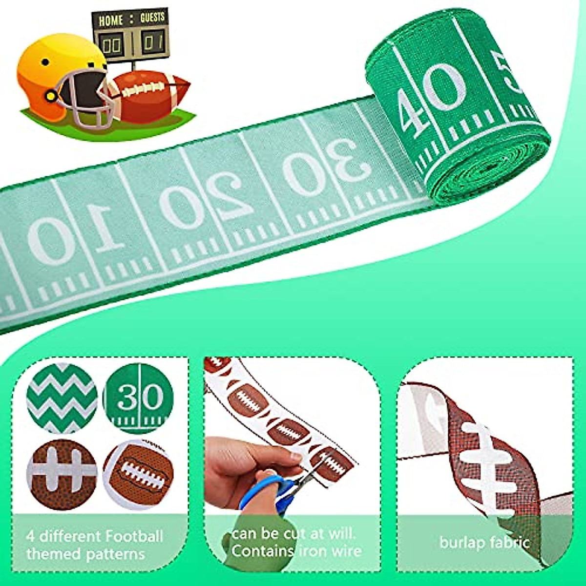 26 Yards 2.5 Inch Football Wired Ribbon Sport Wired Edge Ribbon Football Printed Burlap Ribbon Green Striped Ribbon for DIY Present Wrapping Craft, Football Fan Wreath, Swag and Bow, 4 Rolls