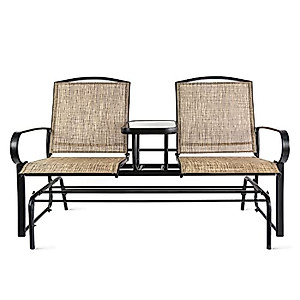 Amazon Basics 2-Person Outdoor Patio Textilene Glider Chair with Tempered Glass Table, 30.3"D x 56.5"W x 36.2"H, Brown