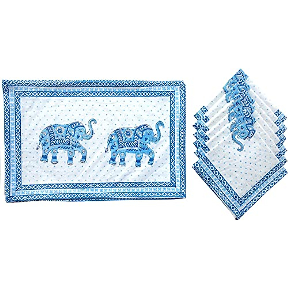 FIKIMOS Hand Block 100% Cotton Indian Style Theme Dining Table Mats and Napkins Set of 6 Place-mats Runners (Blue-03)