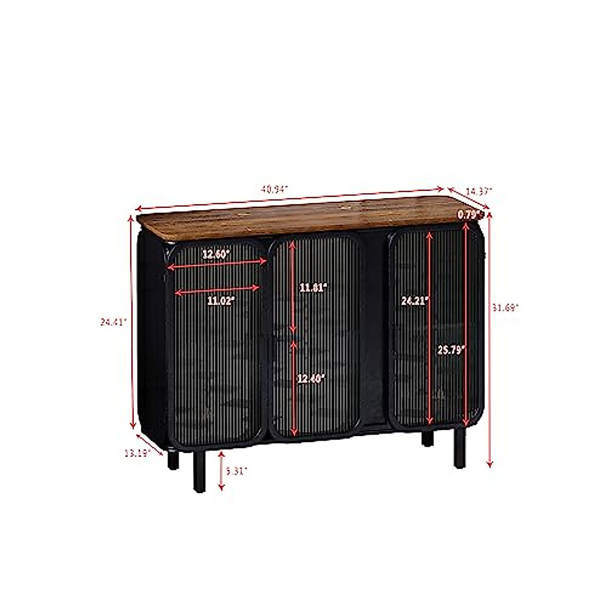 Aisurun 40.94" Modern Storage Cabinet Sideboard with 3 Glass Doors, Fir Top & 2 Tier Storage Shelves for Entryway Living Room Home Office Dining Room, Black+Brown