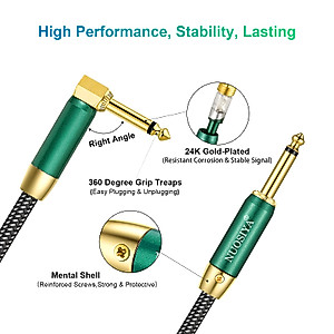 NUOSIYA Guitar Cable 10ft, 22 AWG Professional Instrument Cable, Straight 1/4" TS to Right Angle 1/4 Inch TS for Electric Guitar, Bass, Pro Audio (Grey 1 Packs)