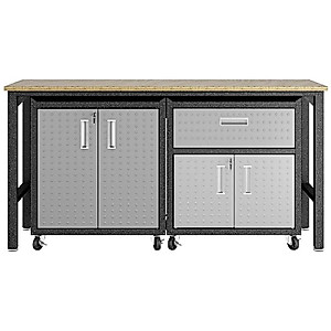 Pemberly Row Space Saving Metal 3 Piece Garage Storage Set with 2 Mobile Cabinets with Doors and 72" W Worktable