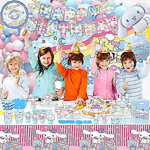 202PCS Cute Birthday Party Supplies, Kawaii Birthday Party Decorations include Banner, Latex Balloons, Backdrop, Cake Topper, Tableware, Plates, Napkins, Temporary Tattoos for Kids Birthday