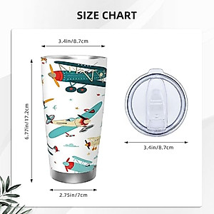 AYCZN Vintage Planes 20 OZ Tumbler Stainless Steel Travel Coffee Mug, Cartoon Aircraft Insulated Water Bottle with Lid and 2 StrawsLeakproof Thermal Cup