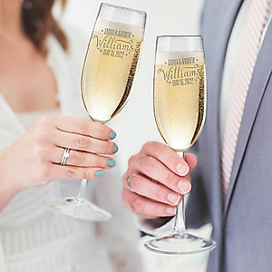 Set of 2, Personalized Wedding Champagne Flutes Glasses 8 oz. with Box, Custom Engraved with Names and Date, Toasting Flutes Gifts for Bride, Groom, Newly Weds (Family Name)