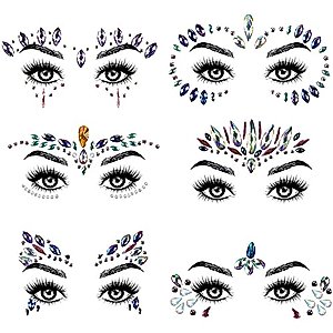 URAQT Face Gems Glitter, 6 Pcs Face Glitter Festival Face Stickers Set, Crystals Stick on Gems for Eyes Body, Self-adhesive Rhinestone Temporary Tattoos Festival Decorations