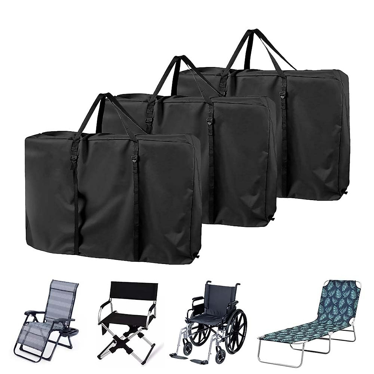 3Pcs Large Chair Storage Bags - Folding Chair / Zero Gravity / Heavy Duty Folding Chair Bag - Lounge Chair Wheelchair Carrying Bag for Camping Travel Outdoor