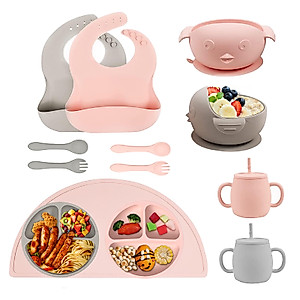 Silicone Baby Feeding Set, Baby Led Weaning Supplies with Suction Plates, Bowls Toddler Self Feeding Dish Set with Spoons Forks, Feeding Mat