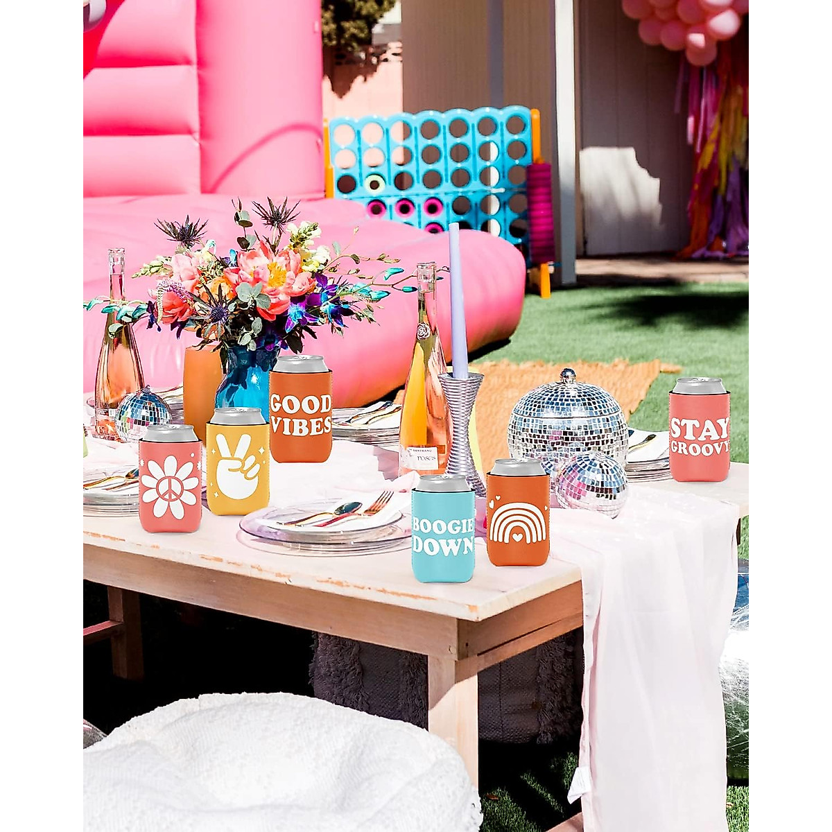 12-Pack Retro Bachelorette Party Can Cooler 70s Theme Beverage Sleeves Favor for Disco Bridal Shower Party Supplies Hippies Groovy Party Decorations