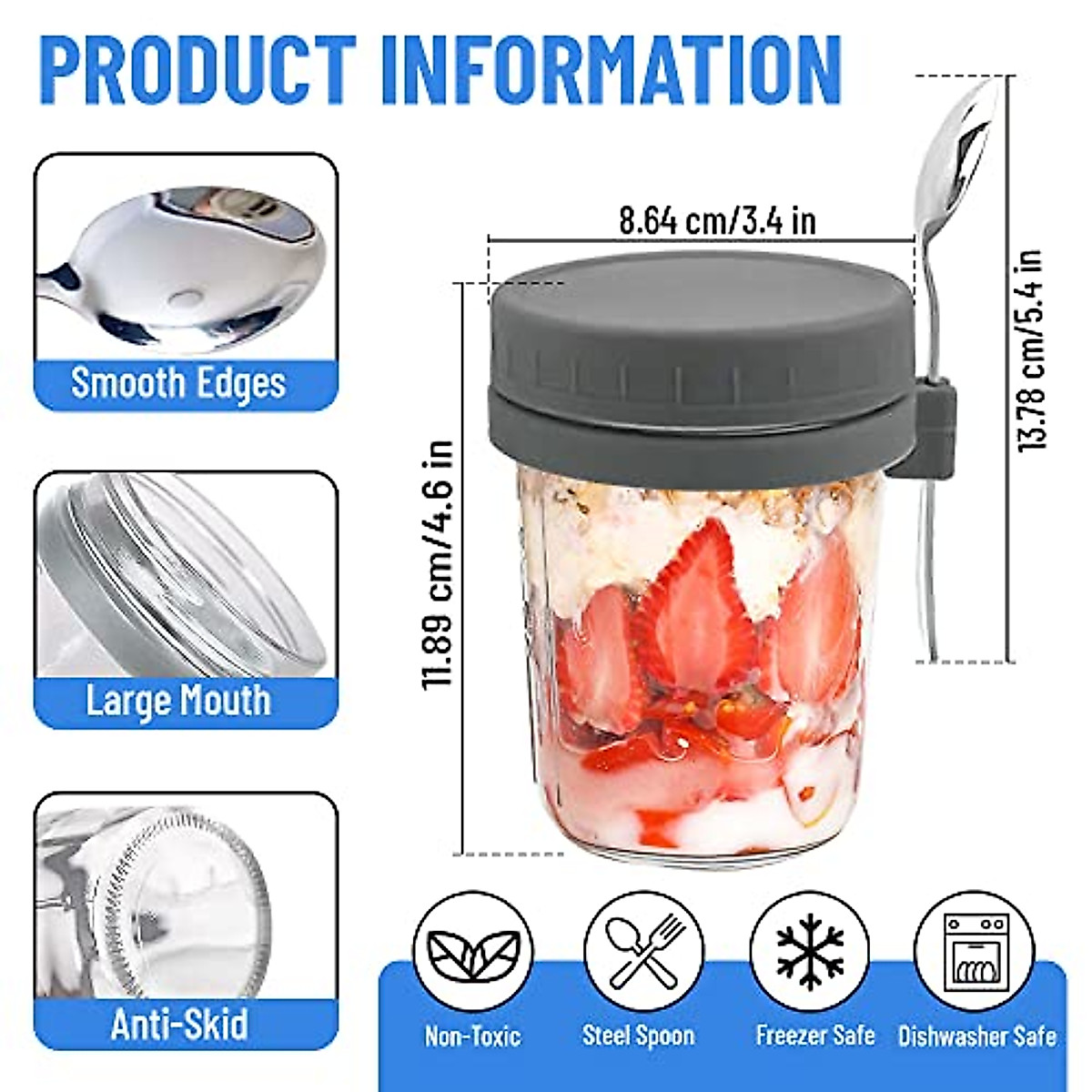 Homedy Solutions Overnight Oats Containers with Lids and Spoons - Overnight Oats Jars with Lid - 10oz Mason Jars for Overnight Oats With Recipe Card