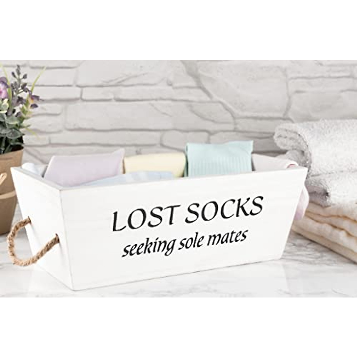 Lost Socks Basket for Laundry Room – White Laundry Basket, Wooden Farmhouse Laundry Hamper, Sock Bin, Laundry Room Storage Baskets for Shelves, Sock Basket from UpTrend Design
