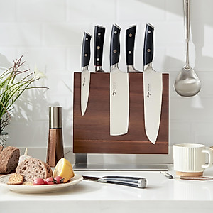 HBlife Double Sided Magnetic Knife Block Kitchen Knife Holder Rack with Strong Magnets Acacia Wood Enhanced Stainless Base Knife Storage Stand