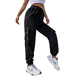 DIDK Women's High Waisted Flap Pocket Solid Jogger Cargo Pants with Chain Black M